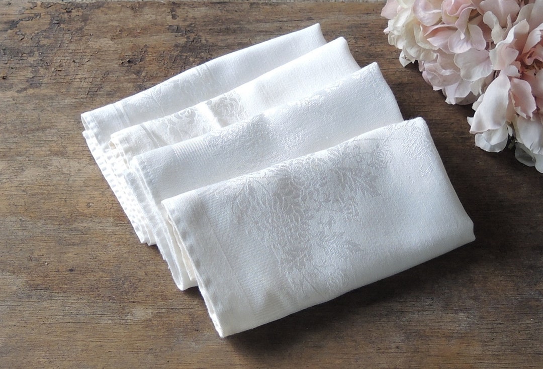 Cream Roses Damask Dinner Napkins Set of 4 Vintage Table Linens 14 ...