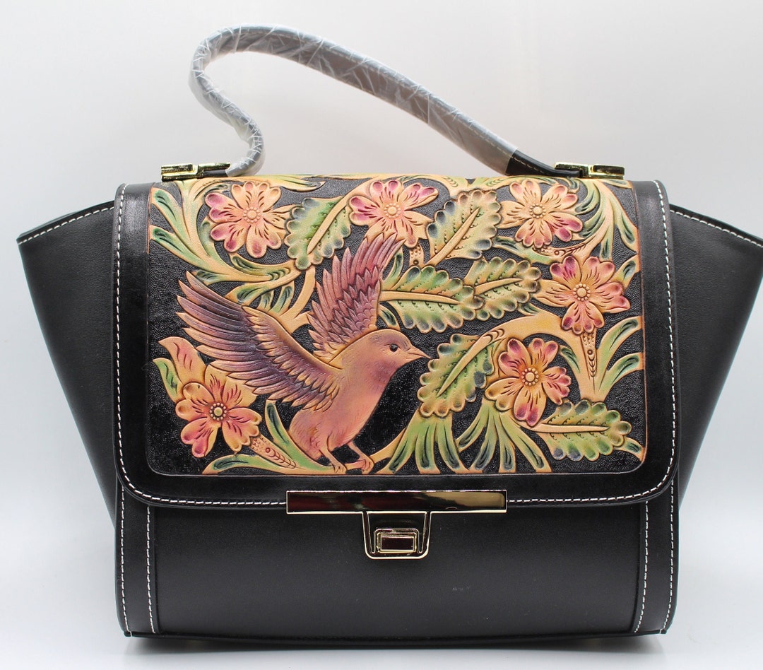 Genuine Leather Hand Tooled Purse Hummingbird Cross Body Tote Handbag ...