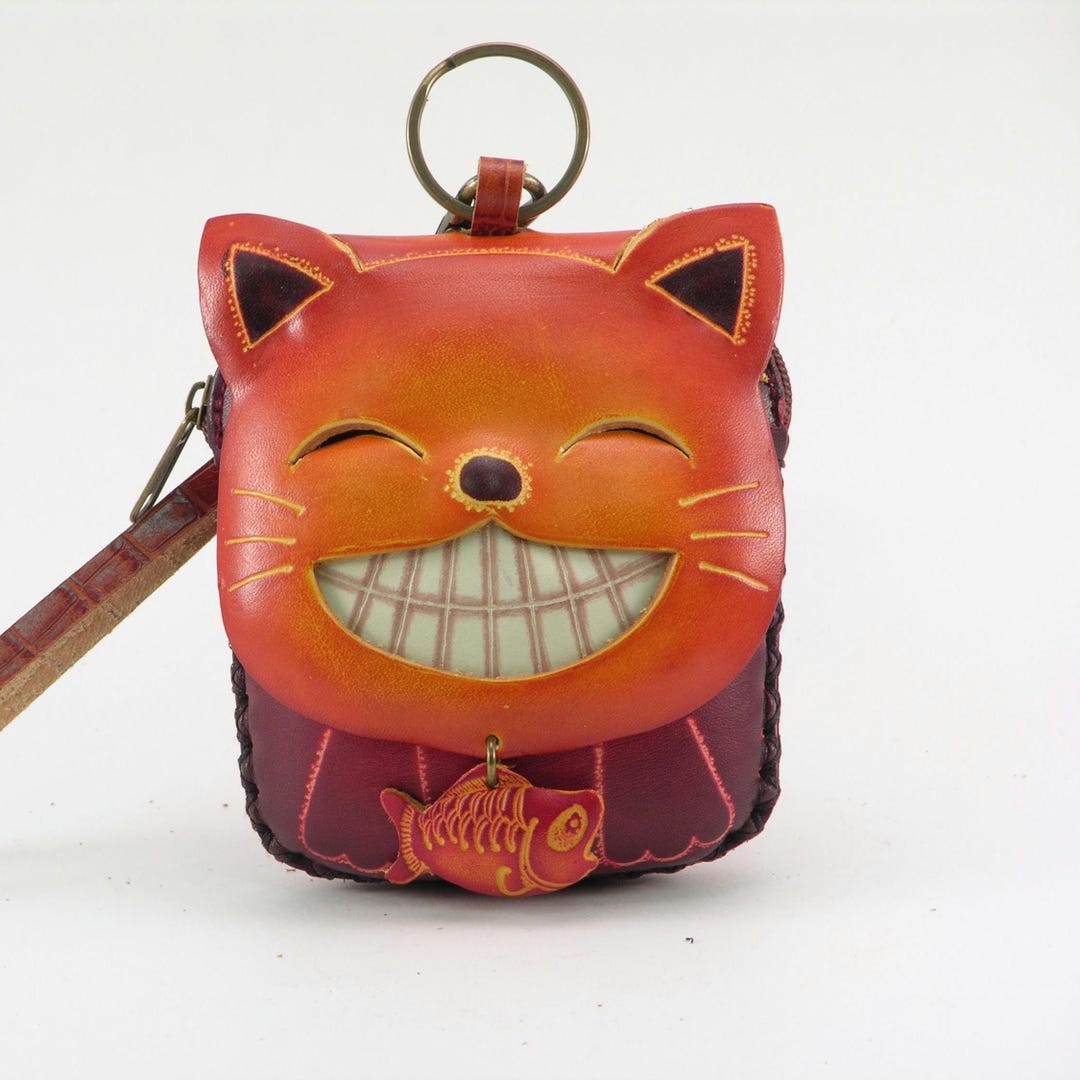 Genuine Handmade Leather Happy Cat Coin Purse / Wallet / Wristlet - Etsy