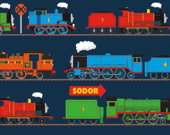 Thomas the Train Fabric Thomas & Friends Train Line in Navy Blue by ...