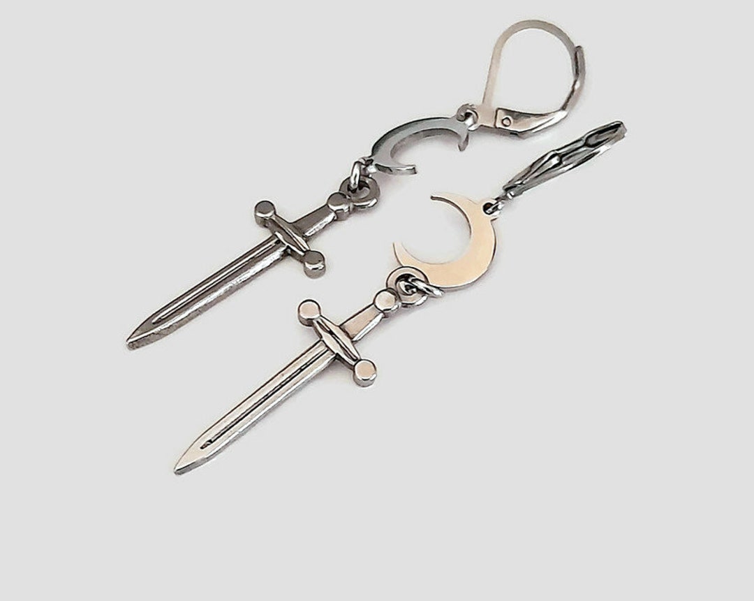 Sword Crescent Moon Earrings With Lever Back Ear Wires, Stainless Steel ...