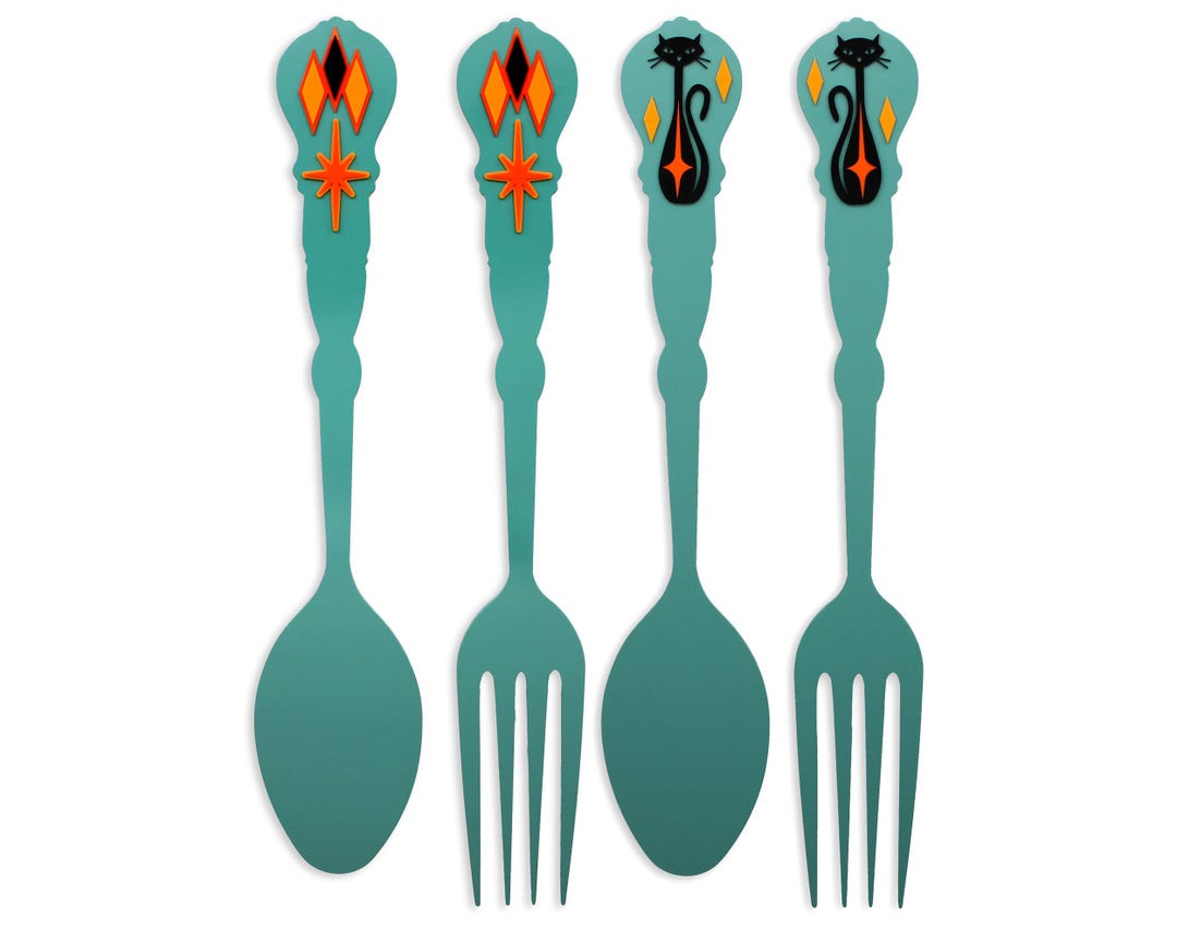 Atomic Cat Fork & Spoon Set: Large Mid-century Modern Kitchen Wall ...