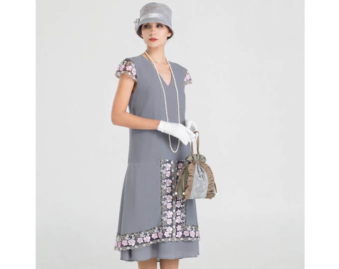 1920s Tea Dress in Grey With Cap Sleeves, Great Gatsby Party Dress ...