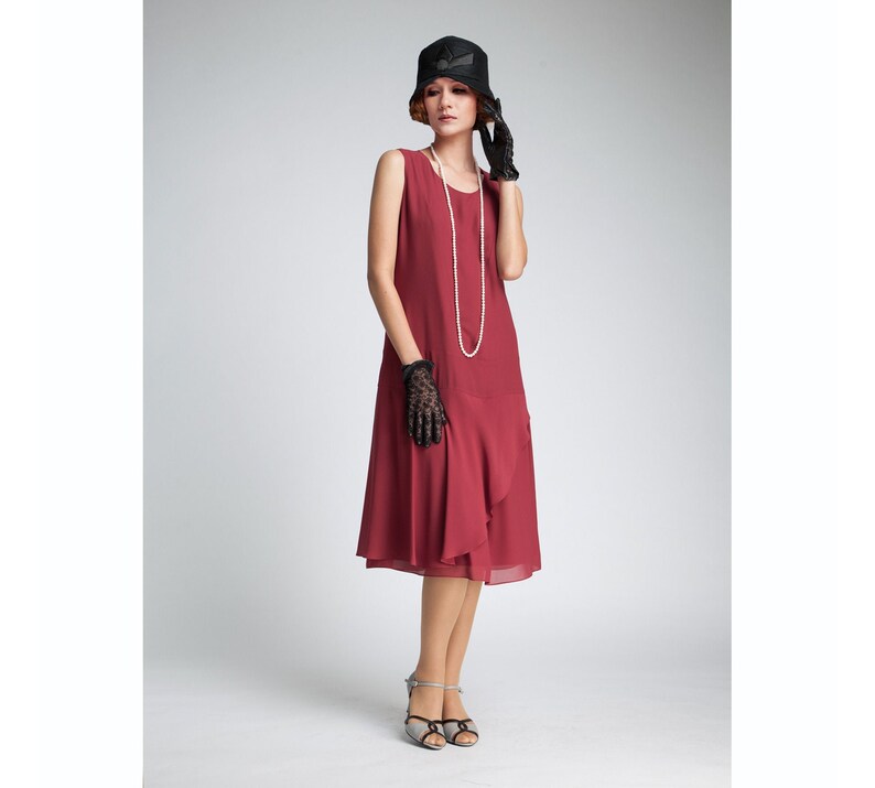 1920s Chiffon Flapper Dress in Maroon Red With a Ruffled Skirt | Etsy