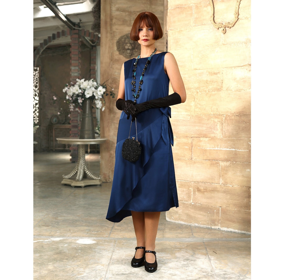 1920s Great Gatsby Evening Dress in Dark Blue Satin, Blue Flapper Dress ...
