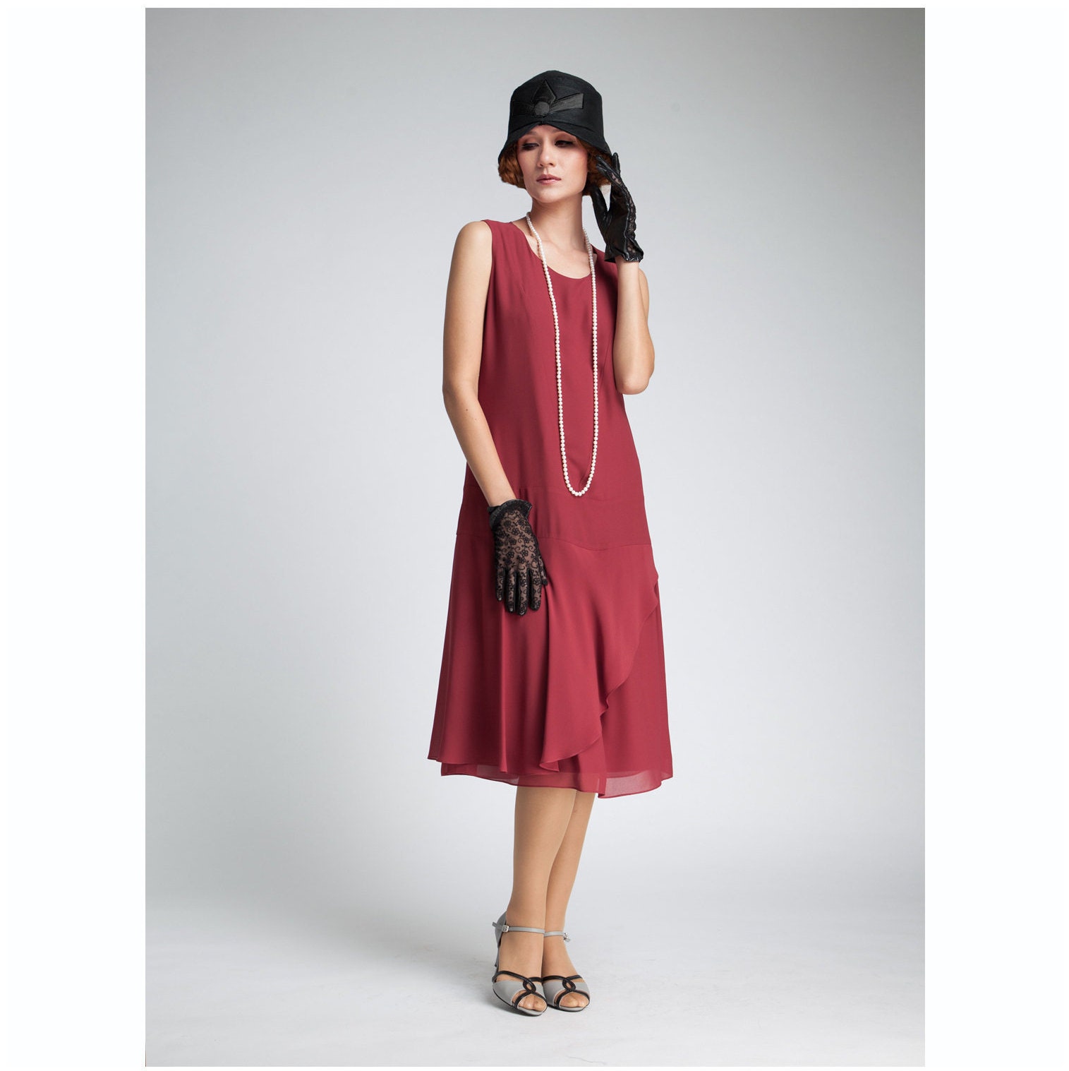 1920s chiffon flapper dress in maroon red with a ruffled skirt | Etsy