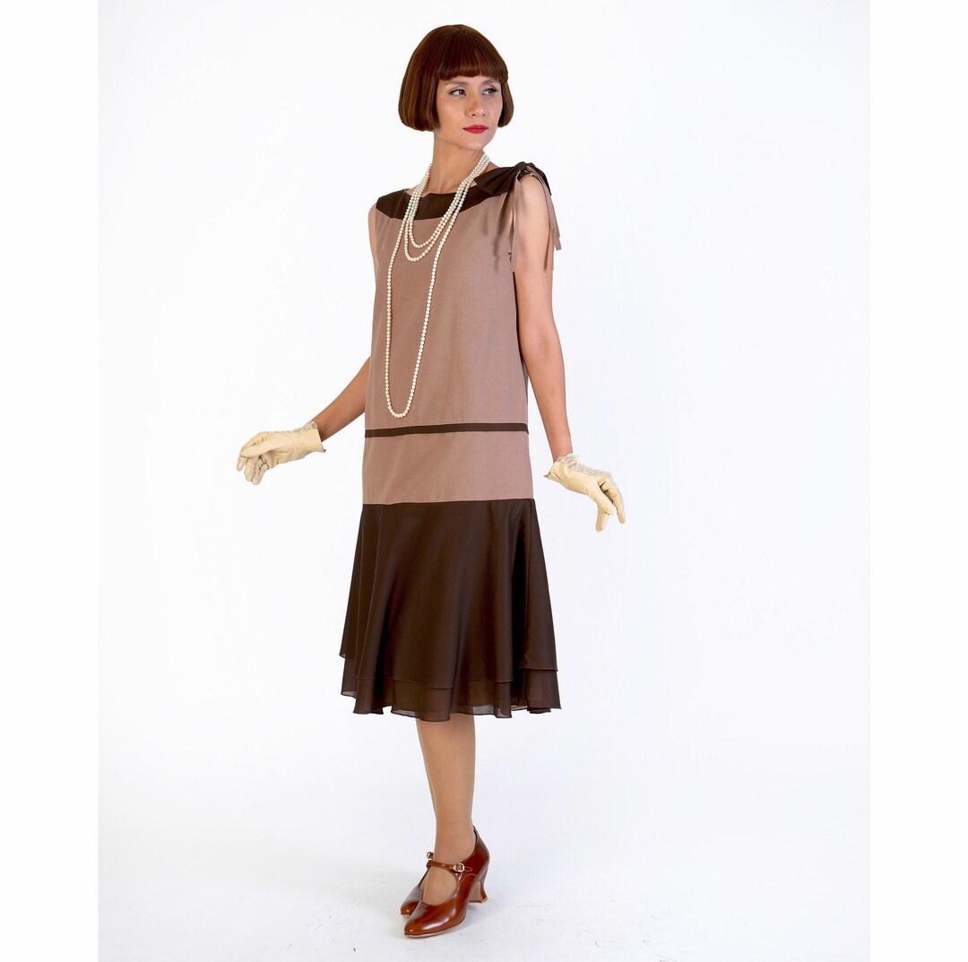 2-piece Ensemble of 2-toned Brown Cotton Jacket and Dress, 1920s Gatsby ...