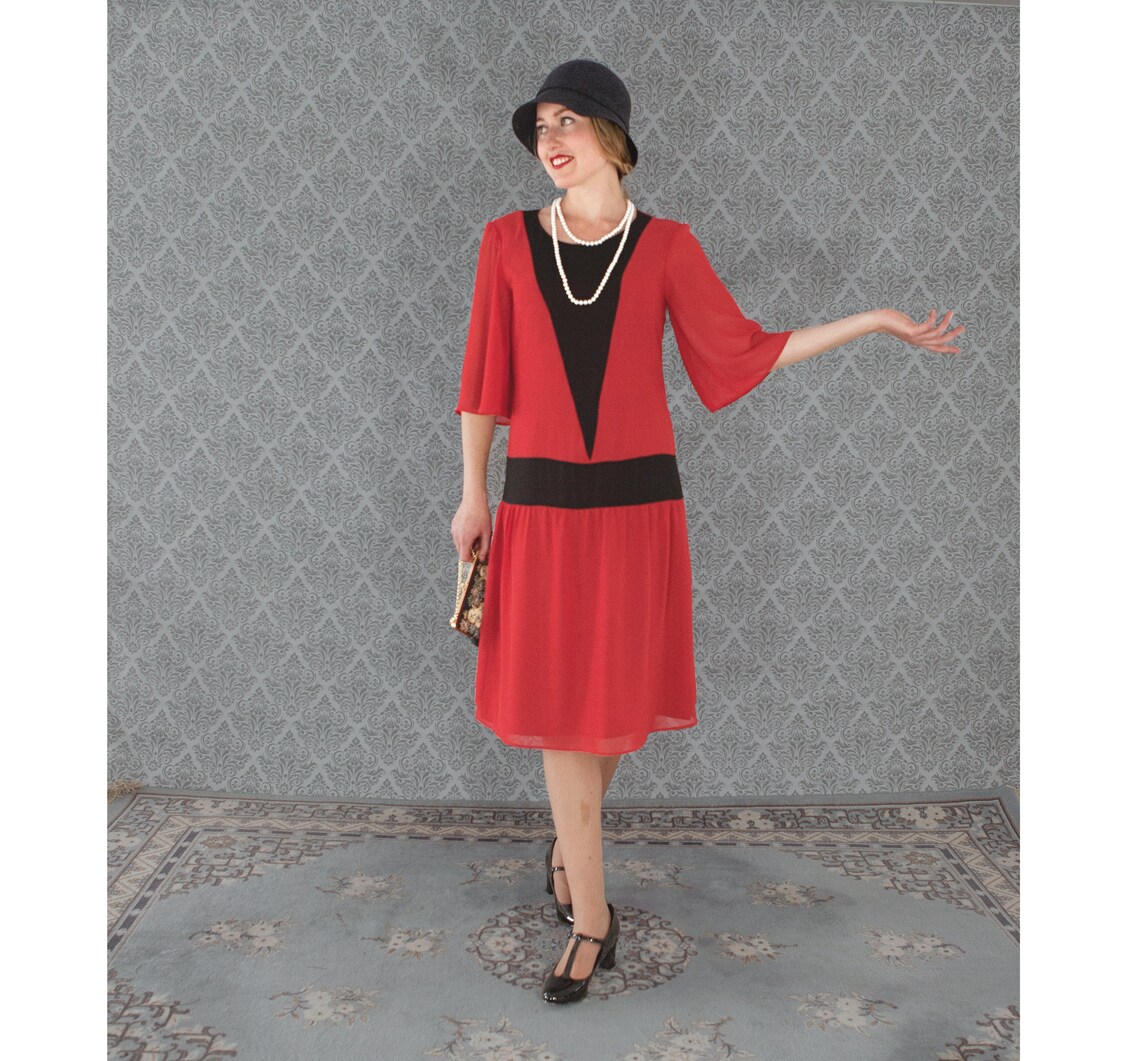 Red Flapper Dress With Elbow Length Sleeves 1920s Flapper - Etsy