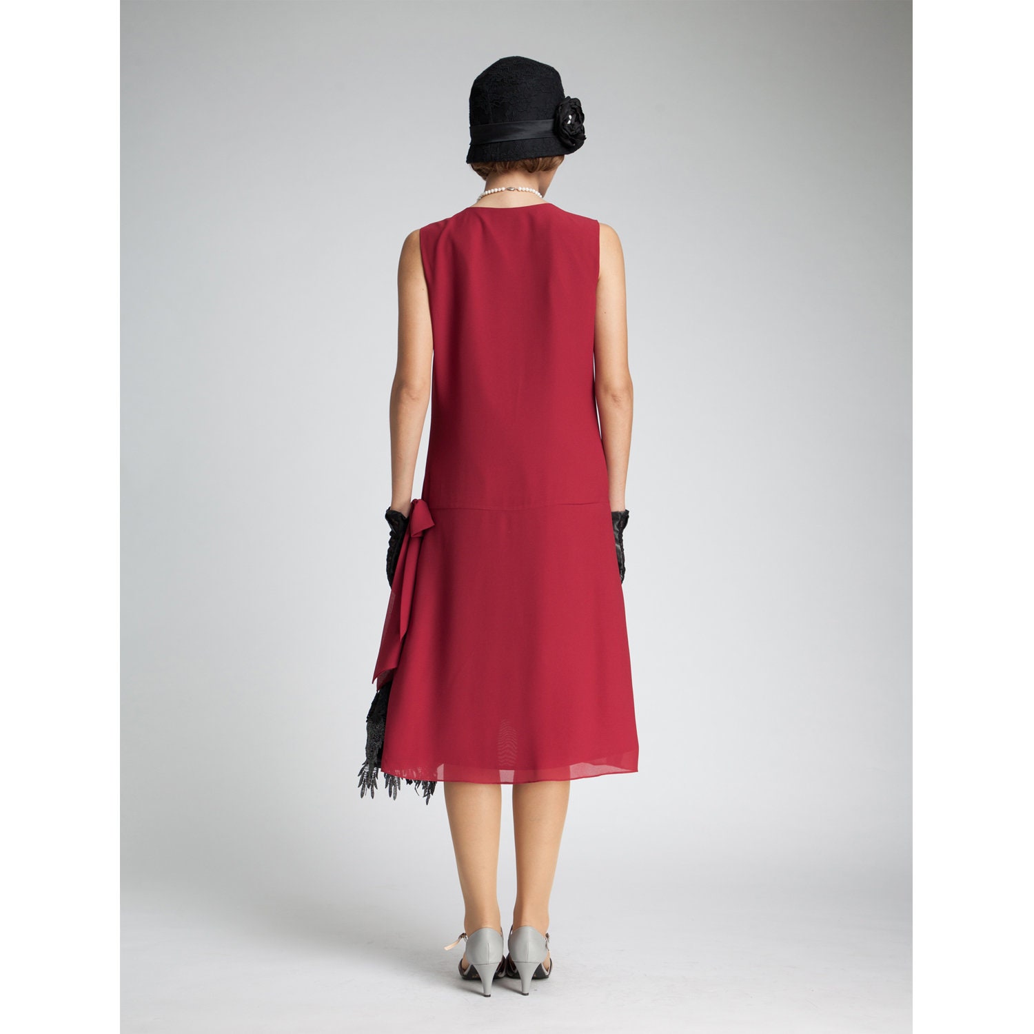 Maroon red chiffon flapper dress with drape and bow 1920s | Etsy