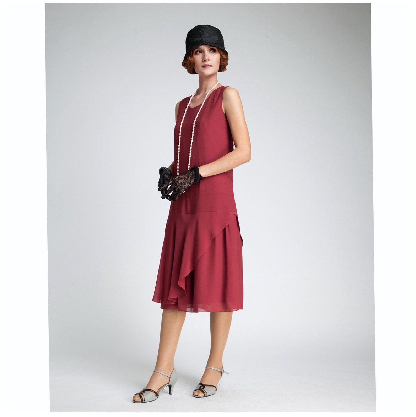 1920s Chiffon Flapper Dress in Maroon Red With a Ruffled Skirt | Etsy