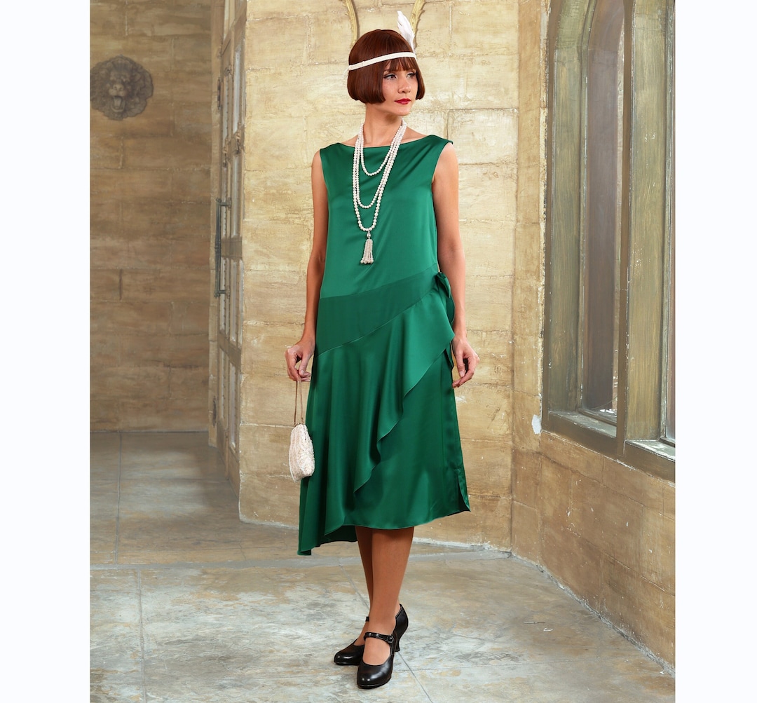 Boat Neck Green Great Gatsby Satin Party Dress, 1920s Evening Dress ...