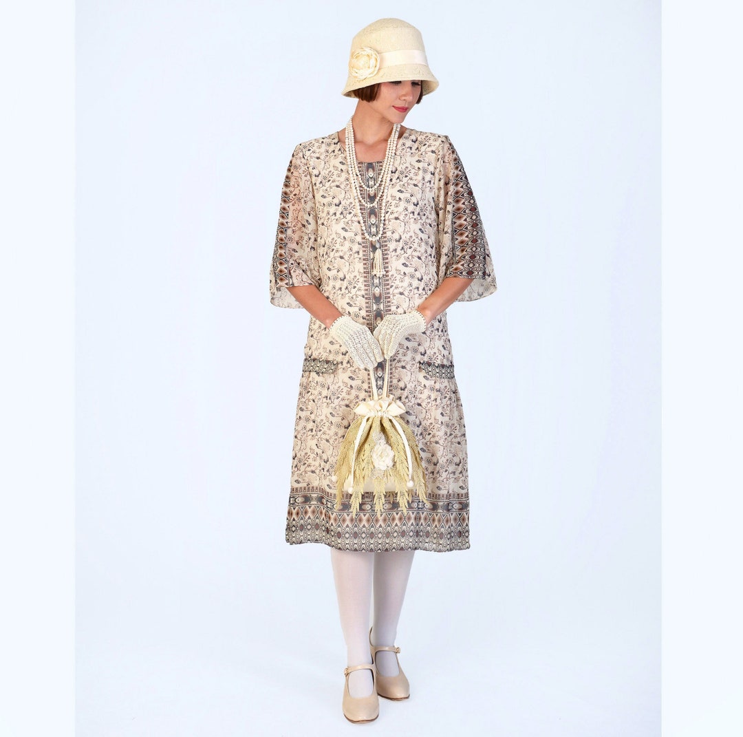 1920s High Tea Dress in Printed Cream Chiffon With Elbow - Etsy