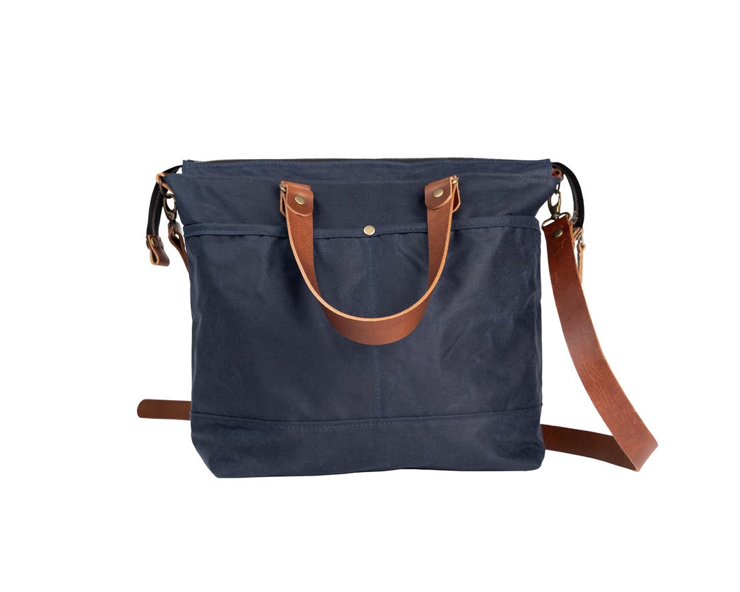 Navy Blue Waxed Canvas and Leather Crossbody Bag With Pockets ...