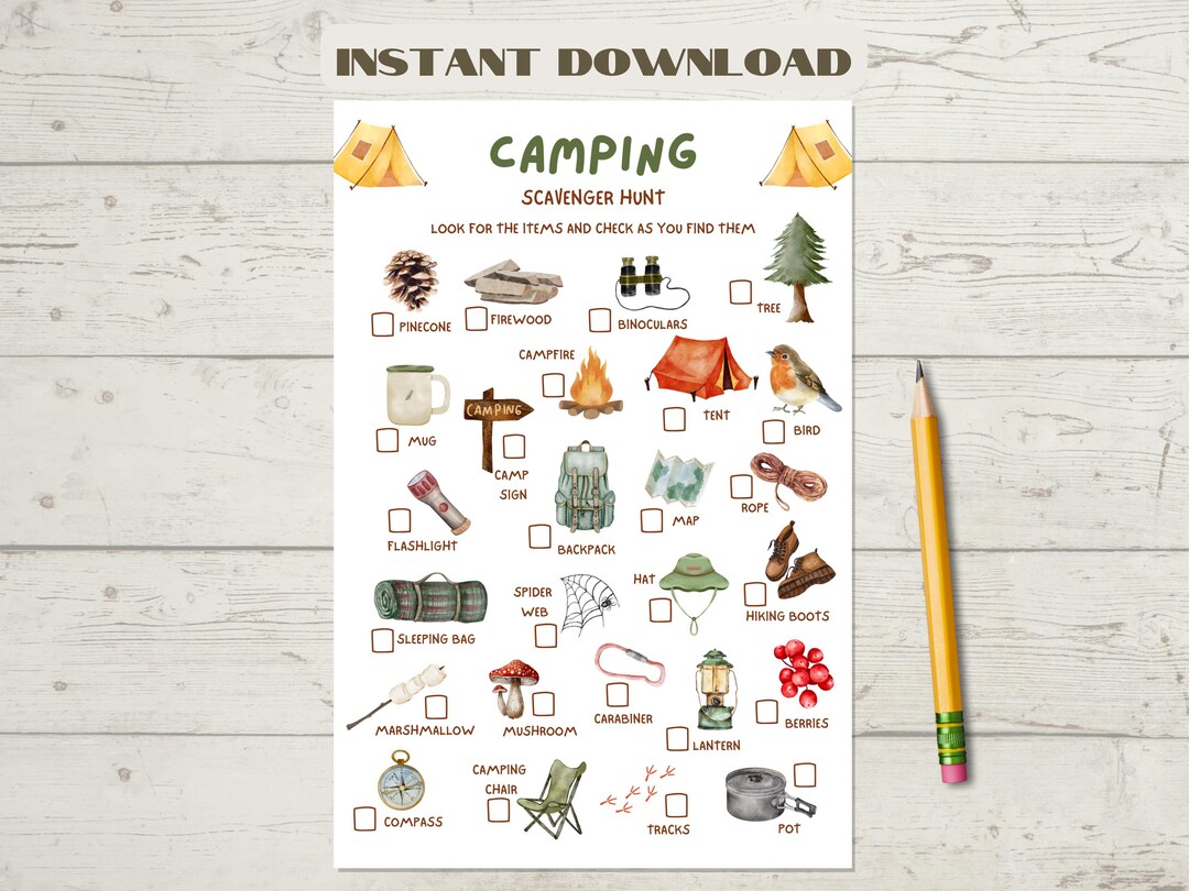 Camping Scavenger Hunt for Kids Printable, Instant Downloadable Outdoor ...