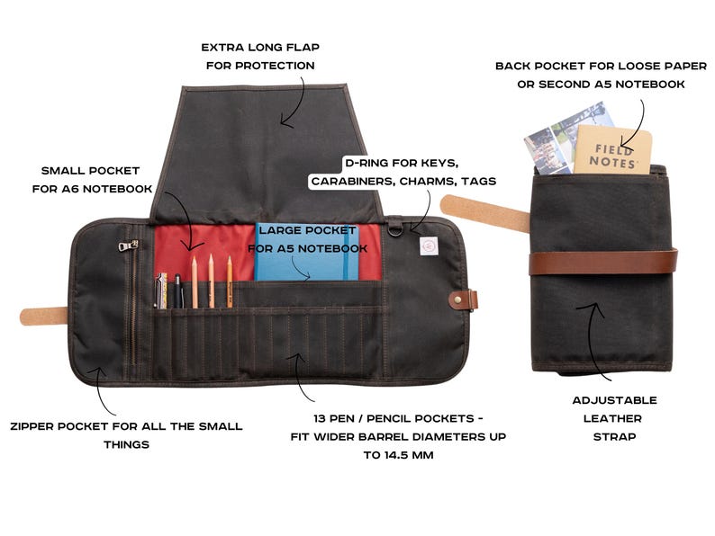 Large Waxed Canvas Pencil Roll up Case With Zipper Pocket, Fabric Pen ...