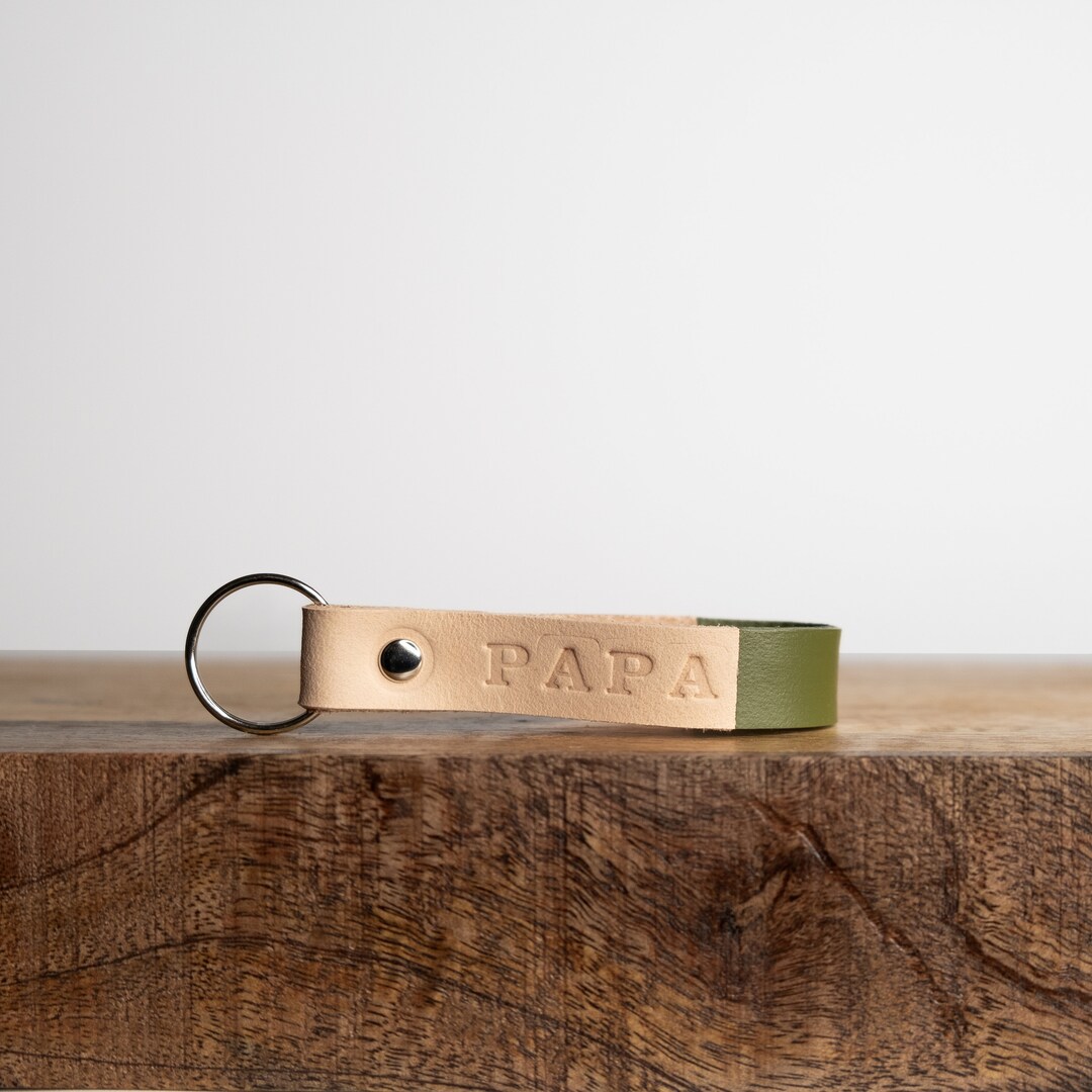 Small Painted Leather Keychain for Papa, Hand Stamped Key Fob for ...