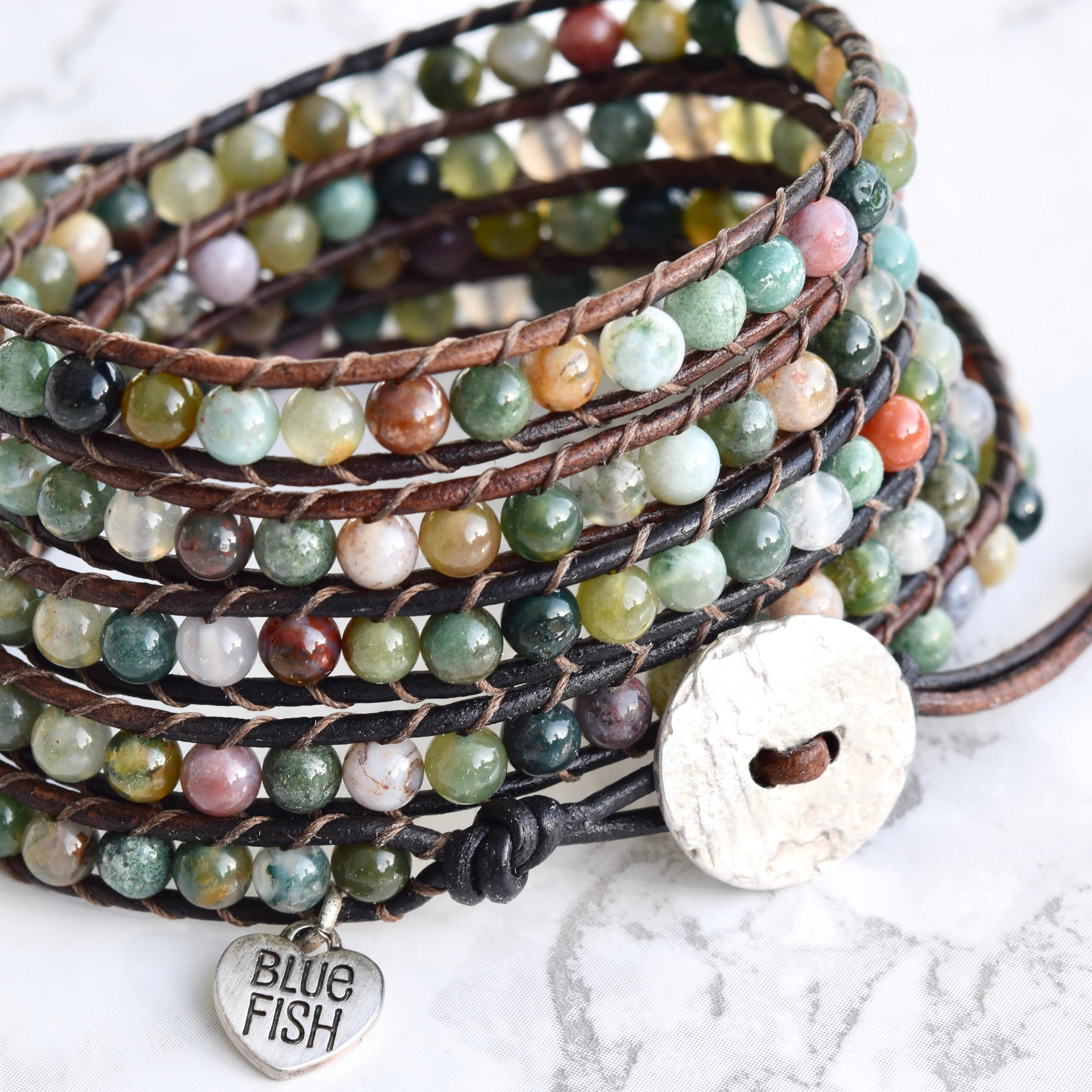 Beaded Wrap Bracelet, Leather Wrap Bracelet, Agate Stone Bead Bracelet ...