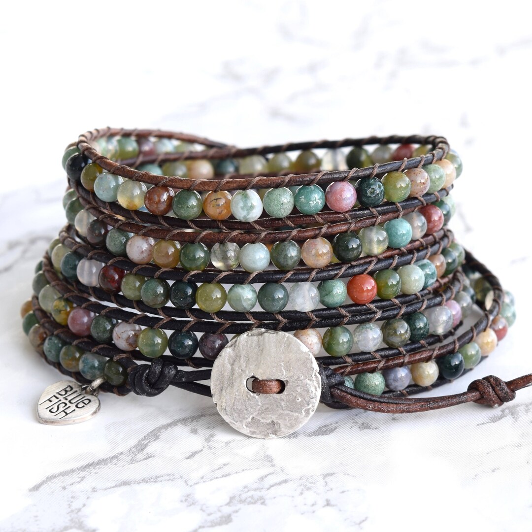 Beaded Wrap Bracelet, Leather Wrap Bracelet, Agate Stone Bead Bracelet ...