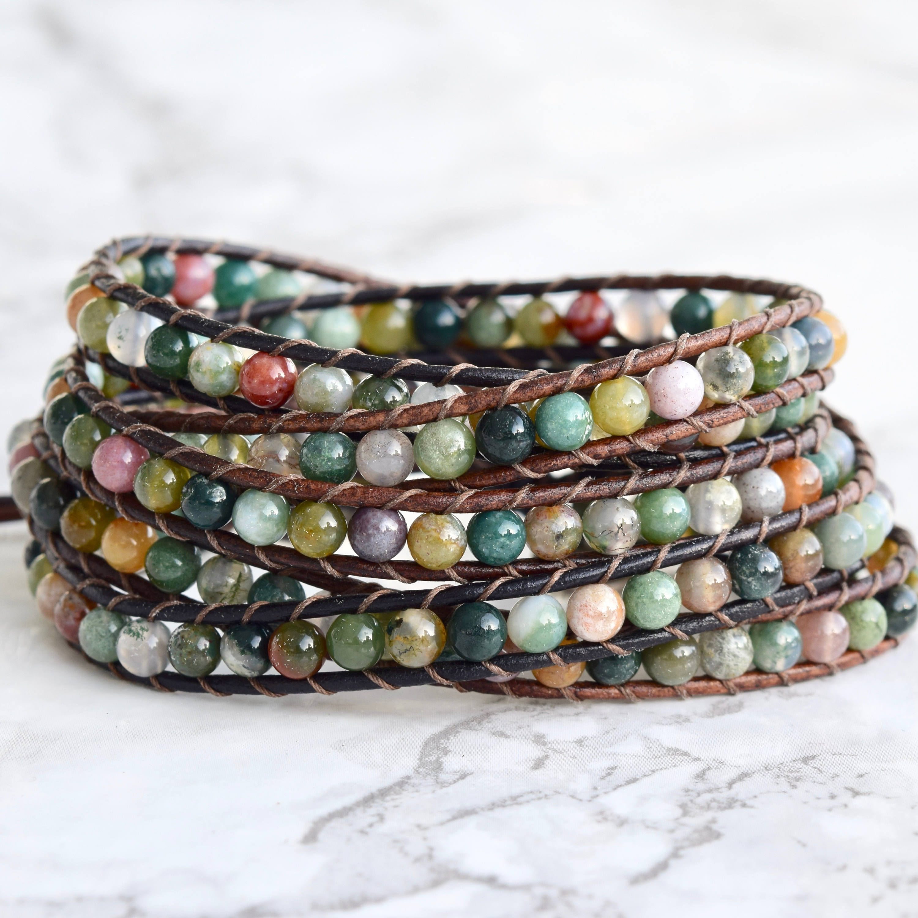 Beaded Wrap Bracelet, Leather Wrap Bracelet, Agate Stone Bead Bracelet ...