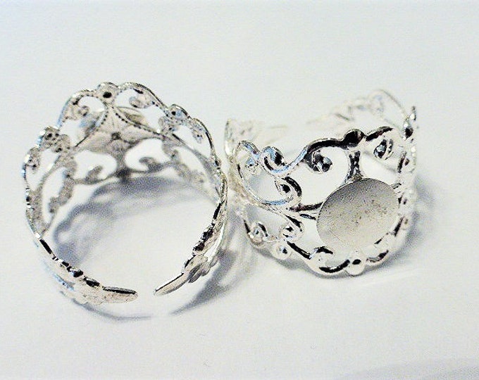 2 X Adjustable 17mm Brass Filigree Ring Blanks Shanks in Silver With ...