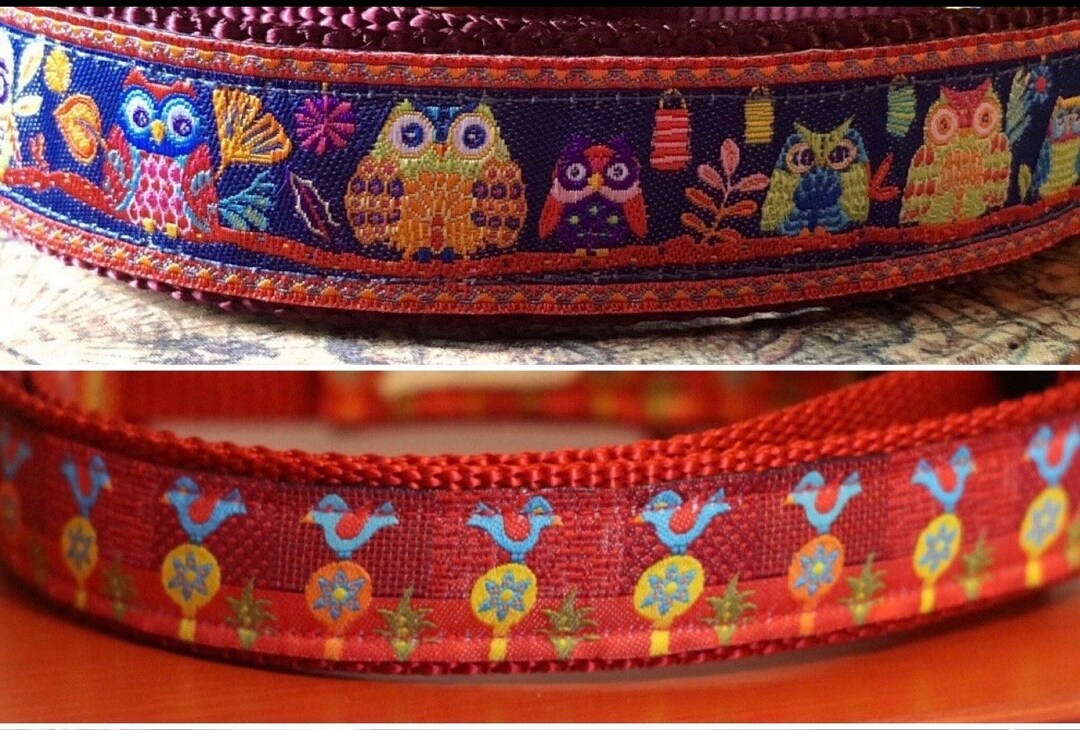 Dog Collars With Various Bird Themes: Mischievous Owls on Blue, Folk ...