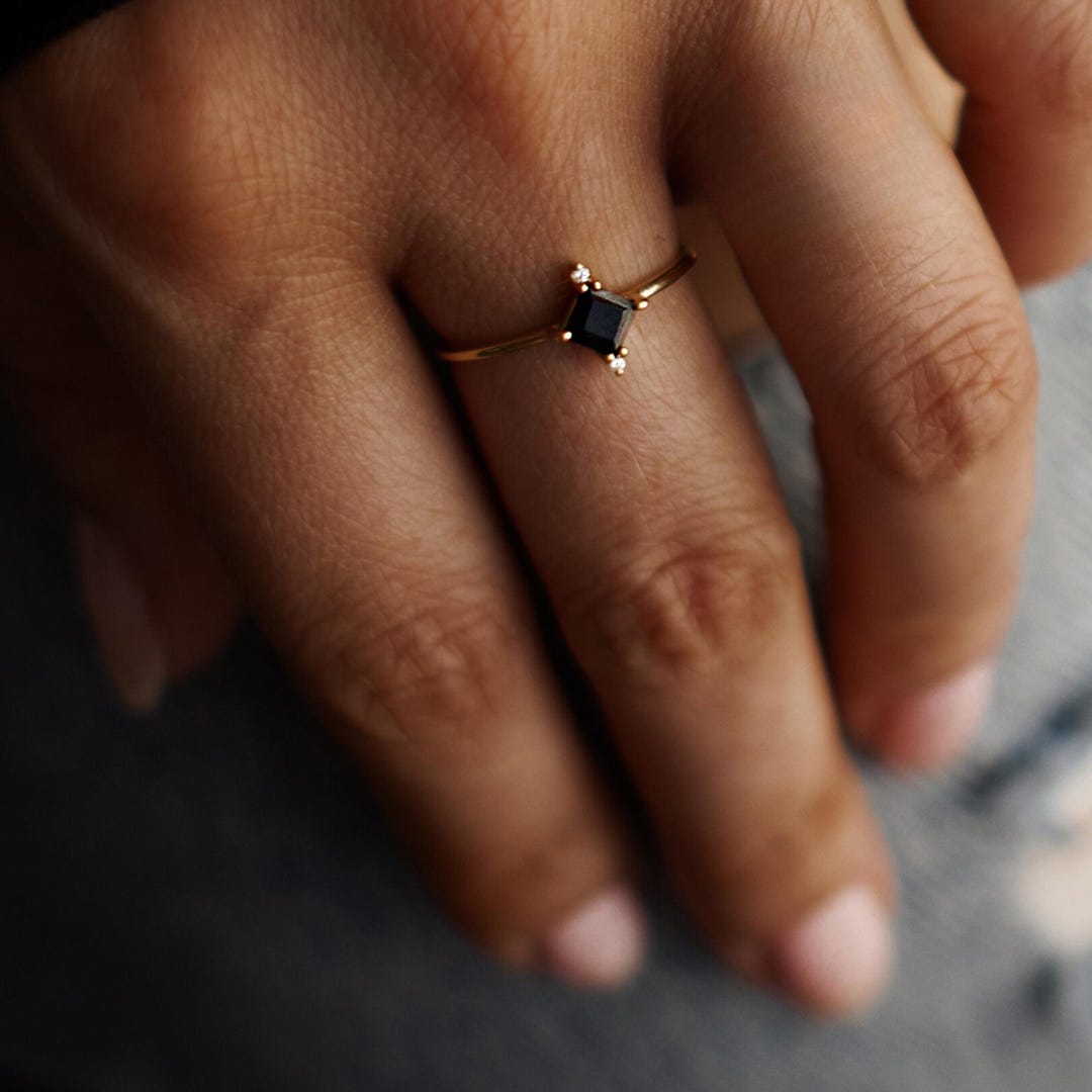 Mini Diana Ring in Black Onyx: Synthetic Diamonds and a Square Cut ...