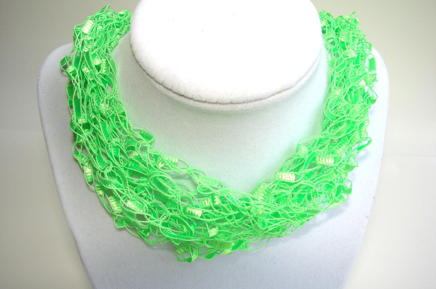 Green Necklace, Ladder Ribbon Necklace, Crochet Jewelry, Multi Stand ...