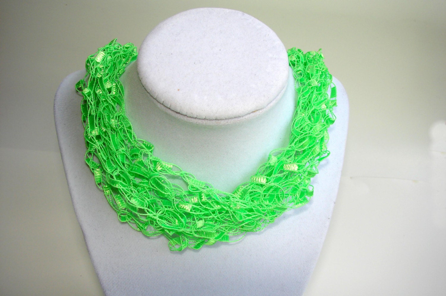 Green Necklace, Ladder Ribbon Necklace, Crochet Jewelry, Multi Stand ...
