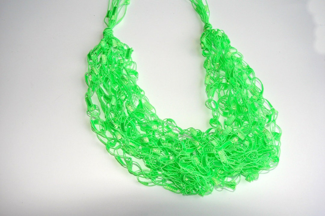 Green Necklace, Ladder Ribbon Necklace, Crochet Jewelry, Multi Stand ...