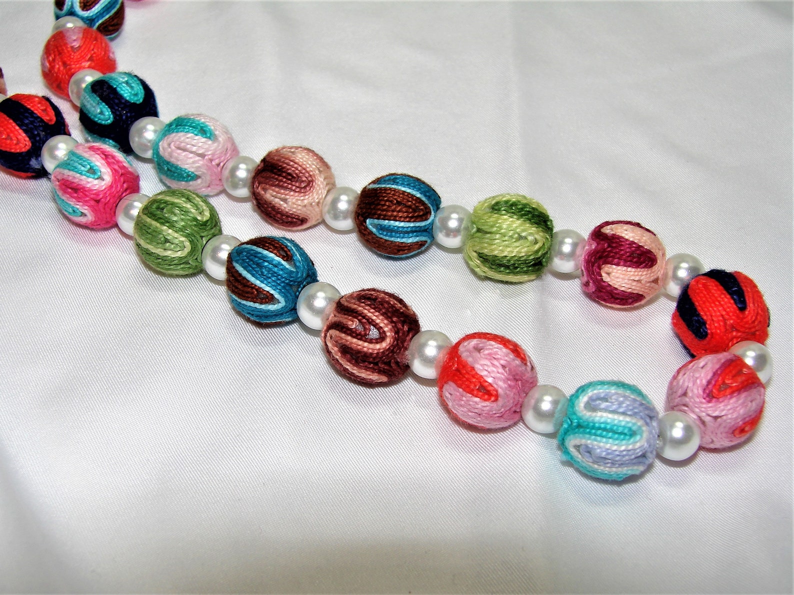 Colorful Jewelry. Fabric Necklace With White Pearls. Retro Necklace ...