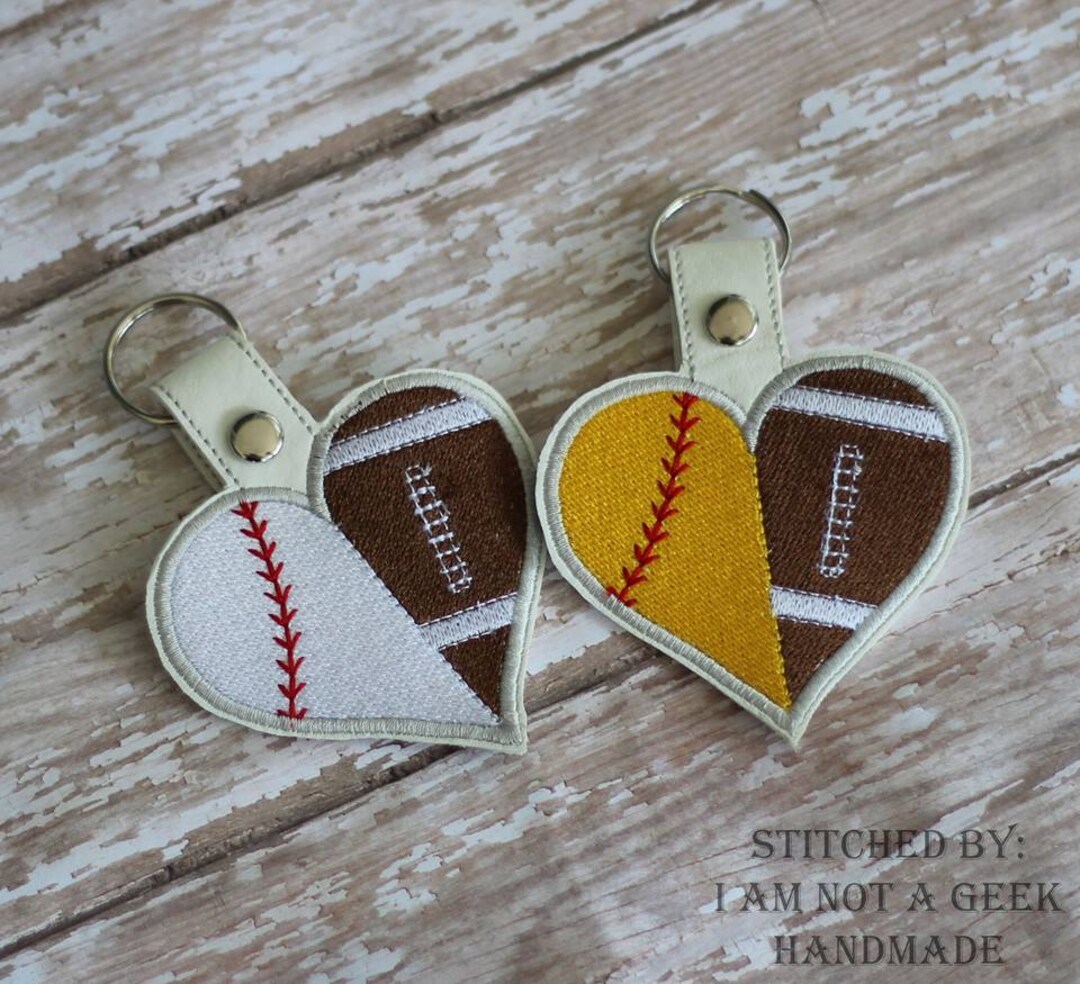 SPLIT Baseball Softball Football Heart in the Hoop Snap/rivet Key Fob ...