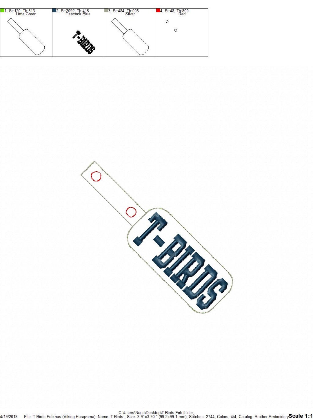 T-birds Team Name in the Hoop Snap/rivet Key Fob DIGITAL EMBROIDERY ...