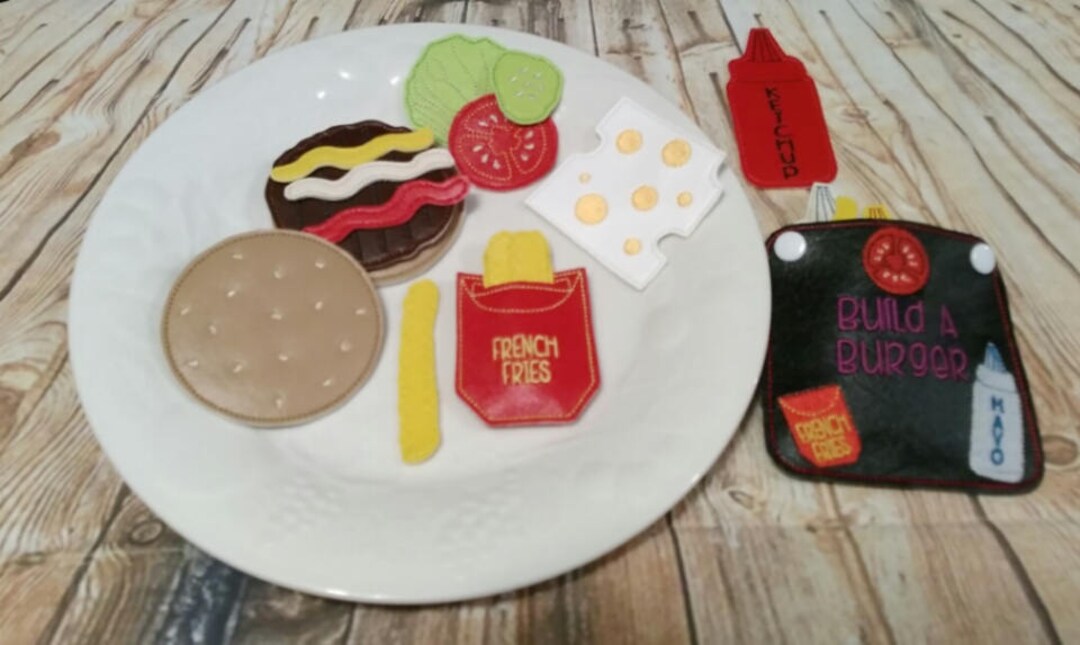 In the Hoop - 14 Piece - Hamburger Play Food Set - DIGITAL Embroidery ...