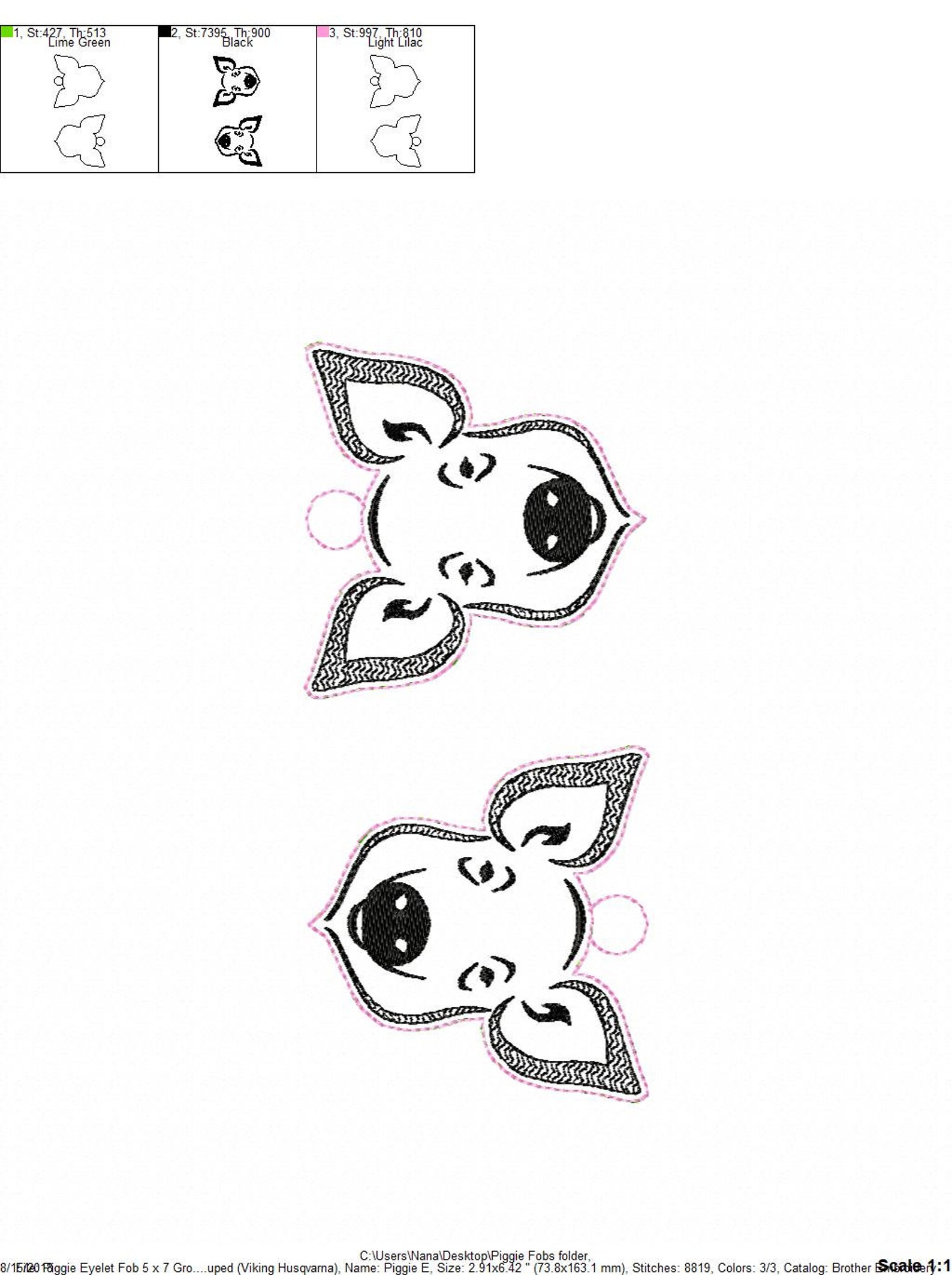 Pig - 2 Styles Included - Snap/rivet Key Fob - DIGITAL Embroidery ...