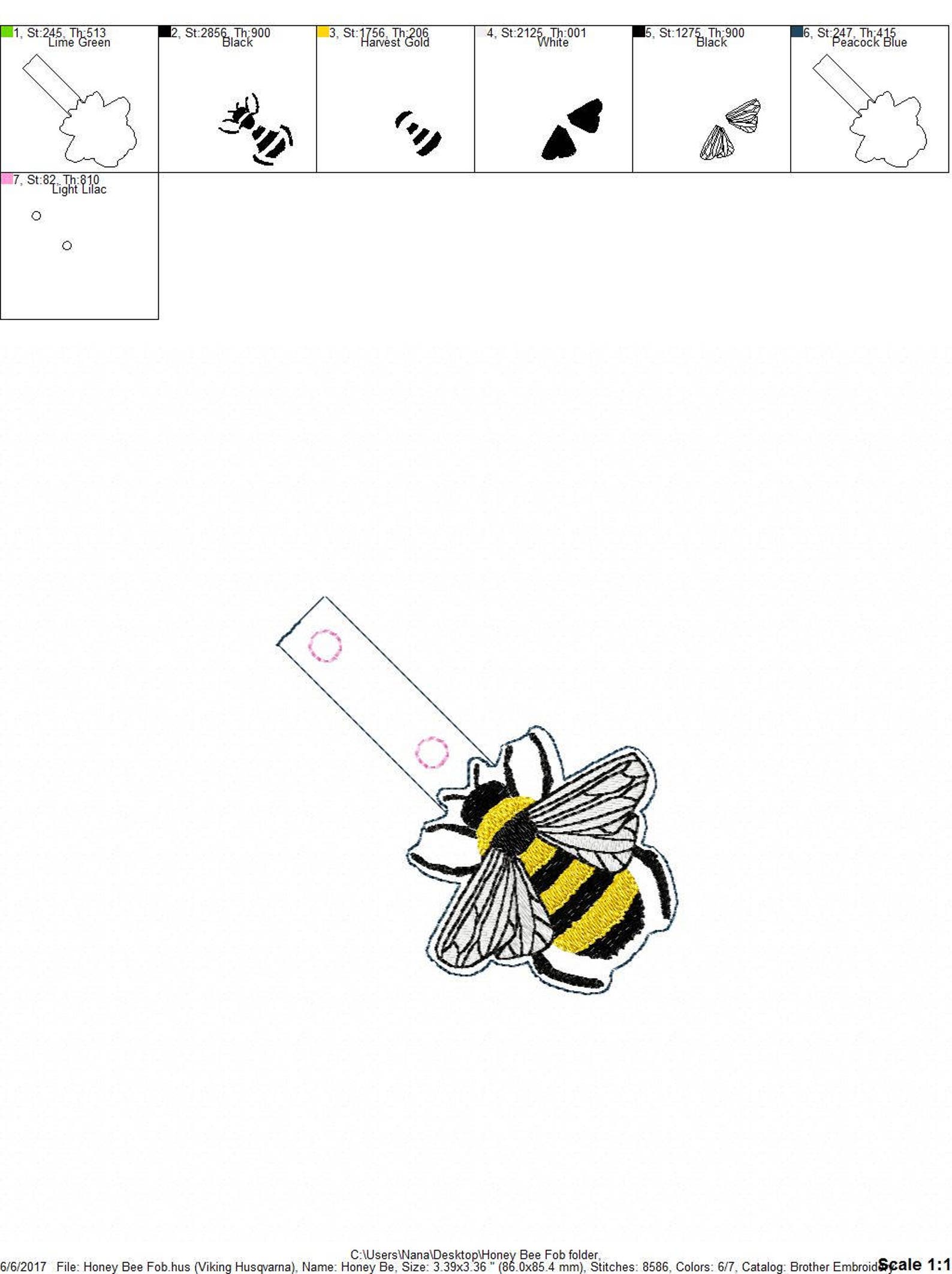 Honey Bee - Bee - in the Hoop - Snap/rivet Key Fob - DIGITAL EMBROIDERY ...