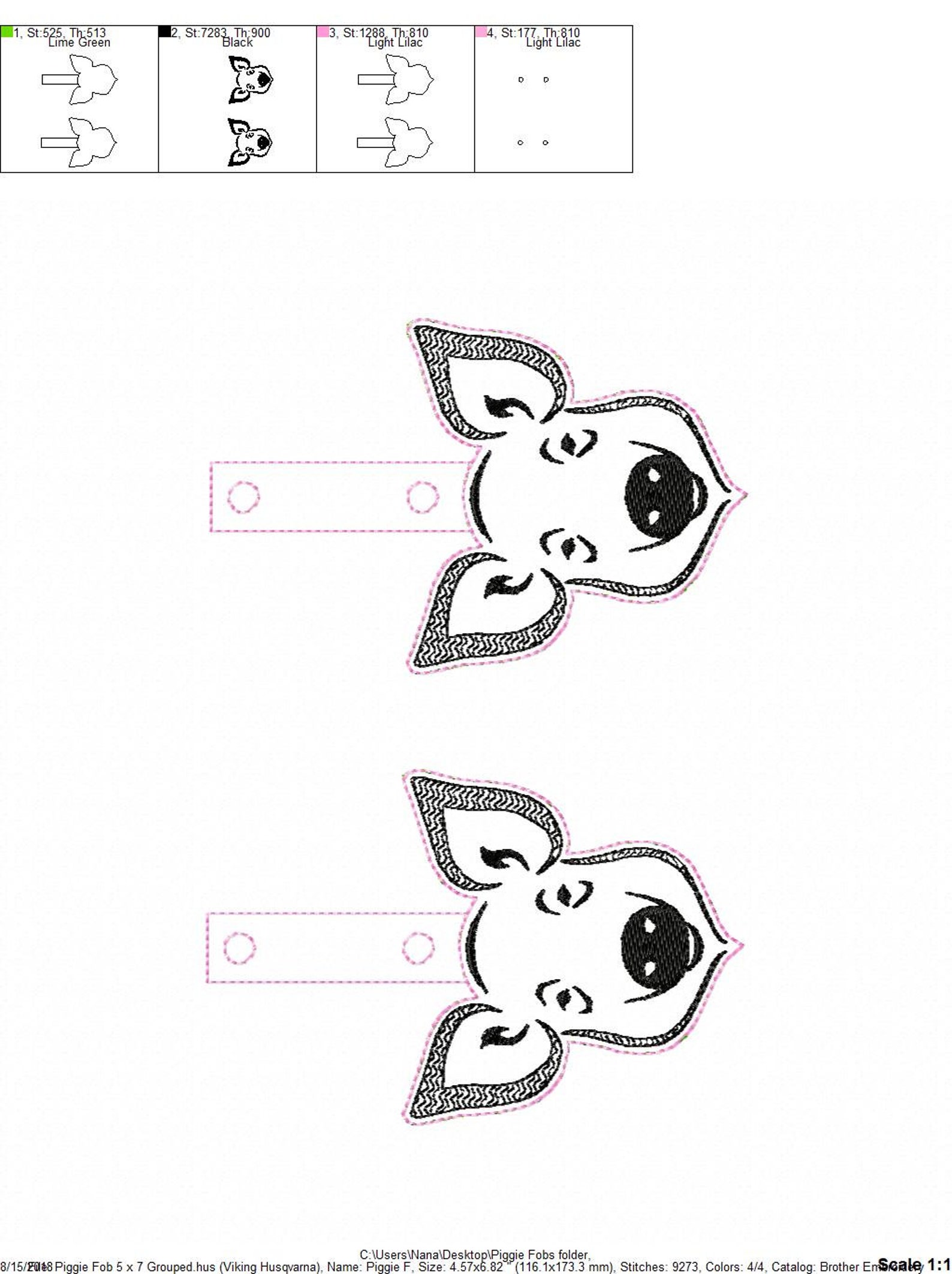 Pig - 2 Styles Included - Snap/rivet Key Fob - DIGITAL Embroidery ...