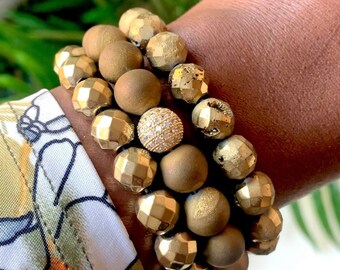 Navya Purple and Gold Druzy Lava Stone Bead Bracelet Set - Etsy