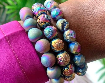 Navya Purple and Gold Druzy Lava Stone Bead Bracelet Set - Etsy