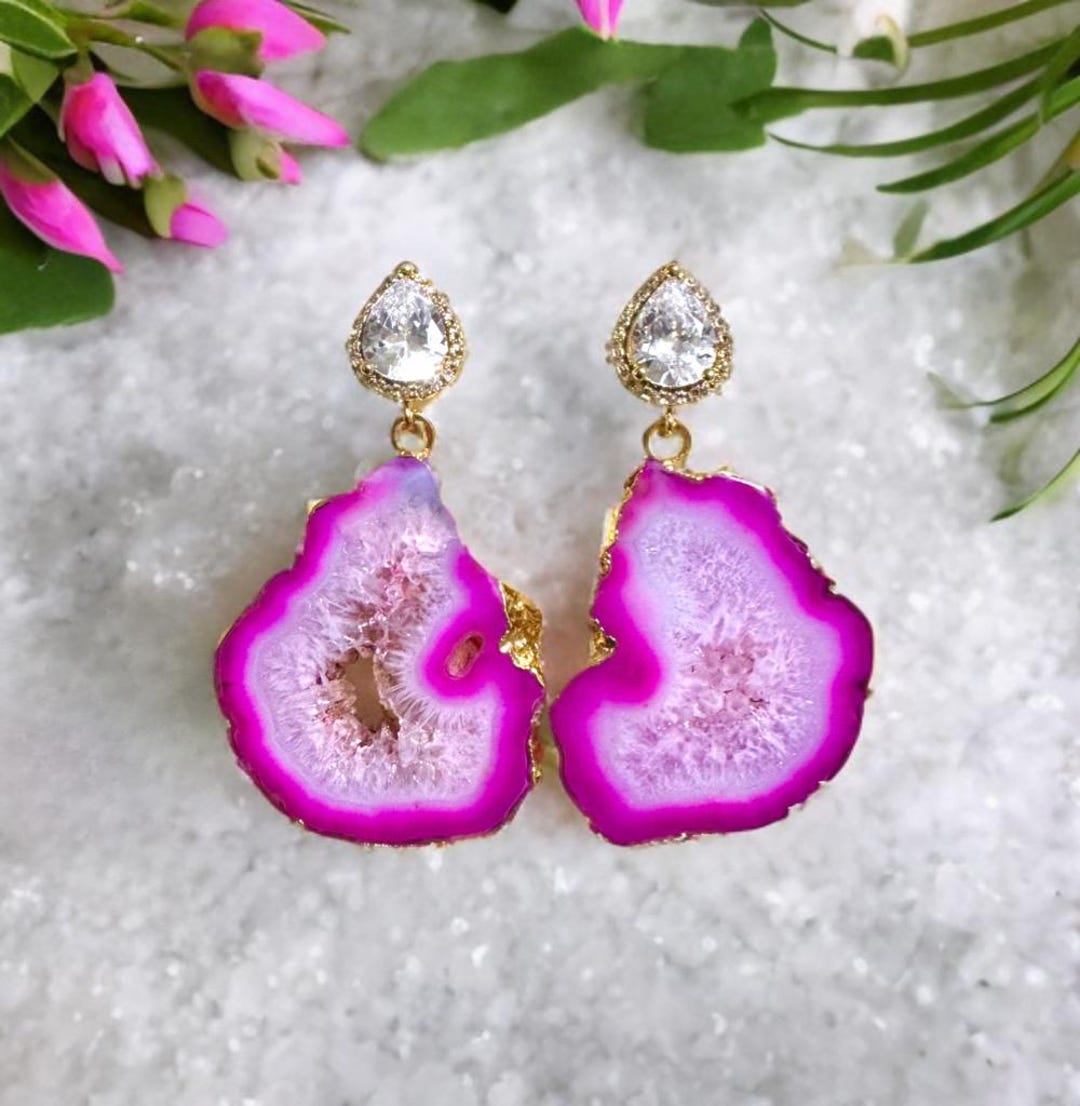 Christina - Hot Pink Agate Geode Drop Earrings - Etsy