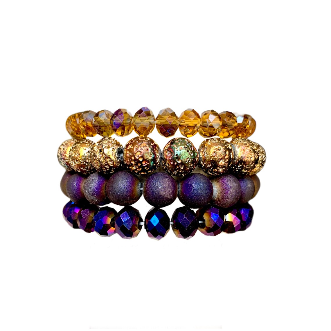 Navya - Purple and Gold Druzy Lava Stone Bead Bracelet Set - Etsy