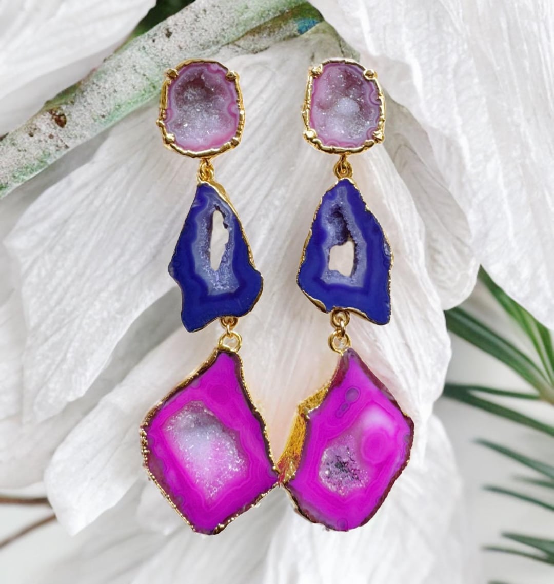 Bijou - Pink Purple and Hot Pink Geode Statement Earrings - Etsy
