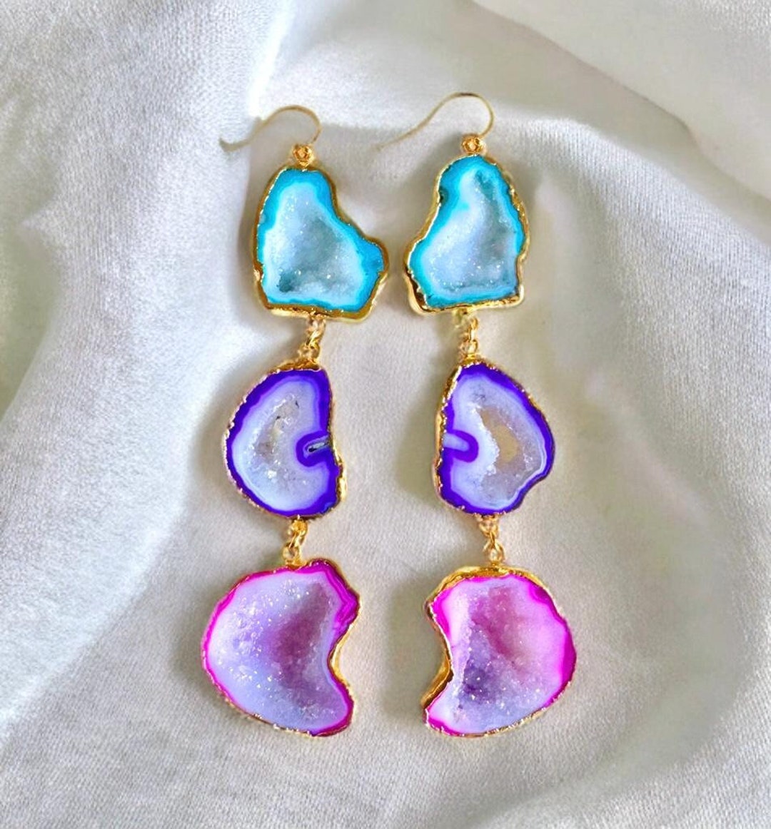 Alexa-long Geode Statement Earrings, Blue Purple Pink Geode Earrings - Etsy