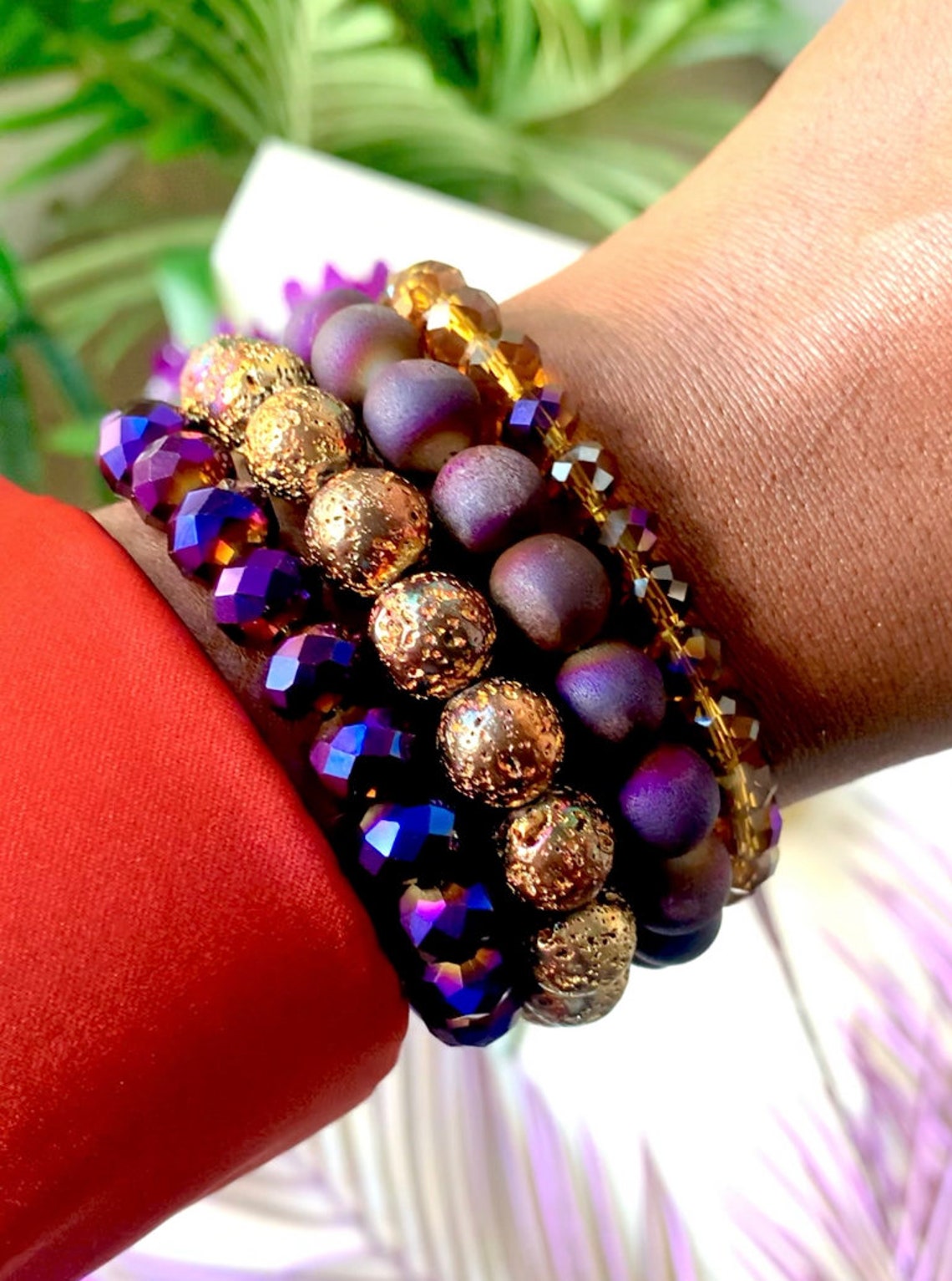 Navya Purple and Gold Druzy Lava Stone Bead Bracelet Set - Etsy