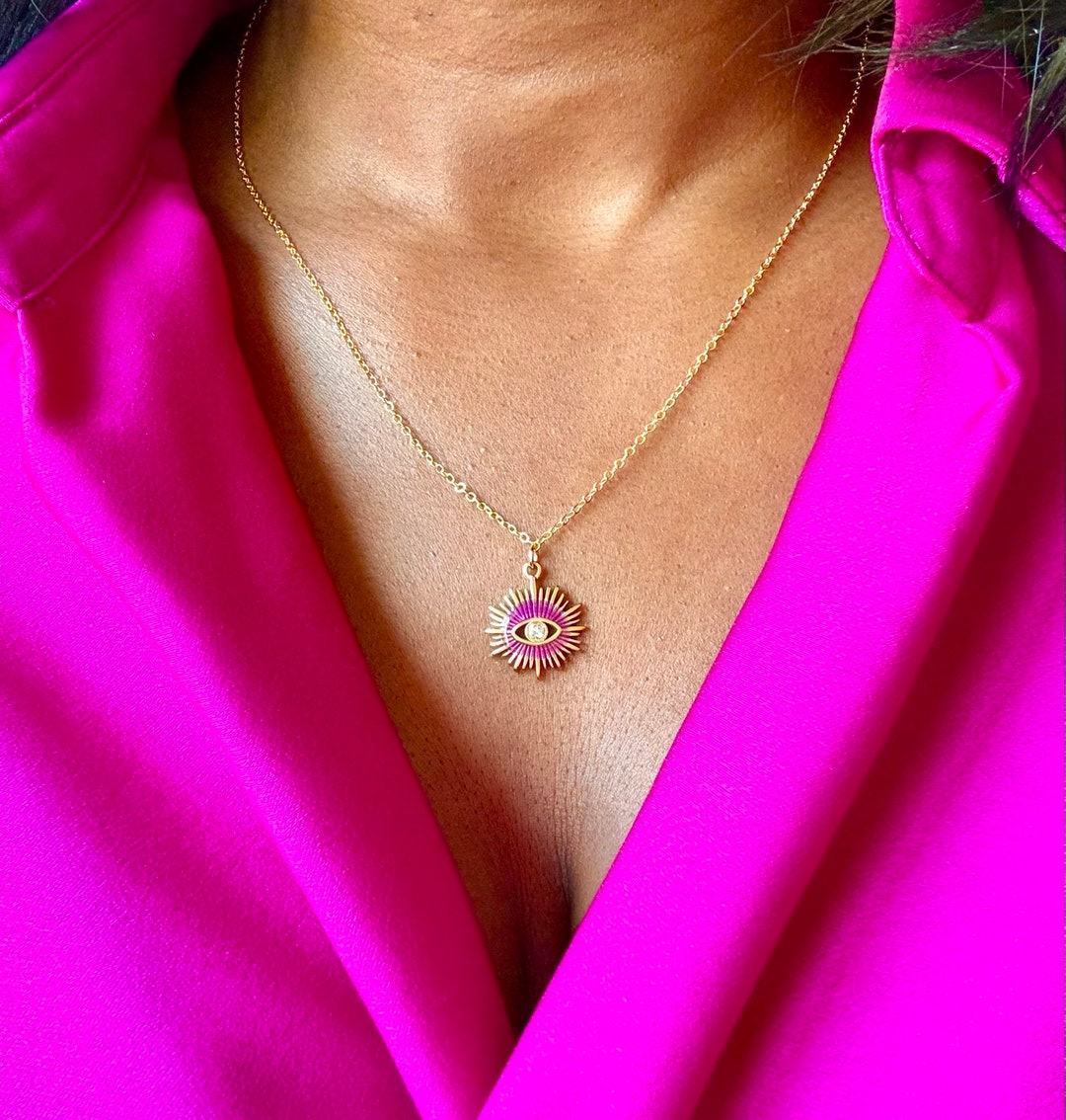 Sasha - Pink Evil Eye Necklace: 14k Gold-filled Chain, Crystal Accent ...