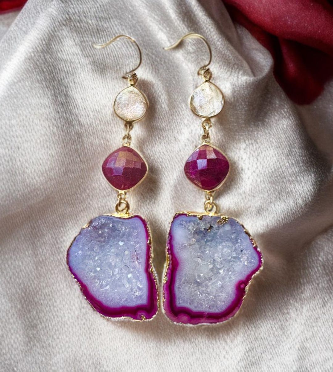Ruby - Red Geode Earrings, Raw Ruby Earrings, Statement Earrings, July ...