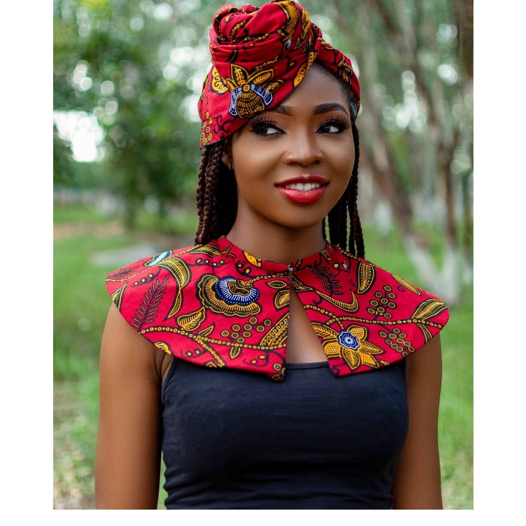 African Prints Collar & Headwrap Set, Nkpurunma Red Cape, Unique Ankara ...