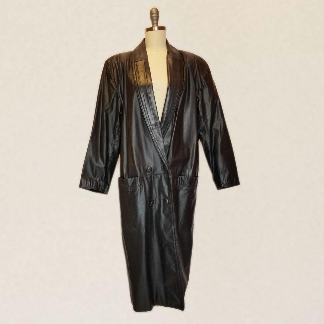 Vintage 80s Black Leather Duster Coat: New Wave Double Breasted, Size M ...