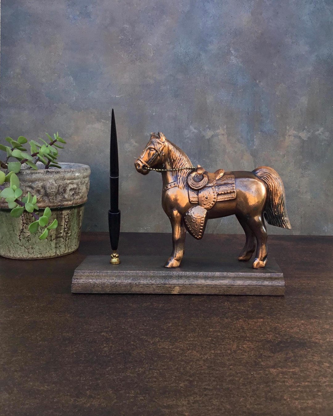 Copper Finish Carnival Horse With Pen Holder on Wood Base, Vintage Desk ...
