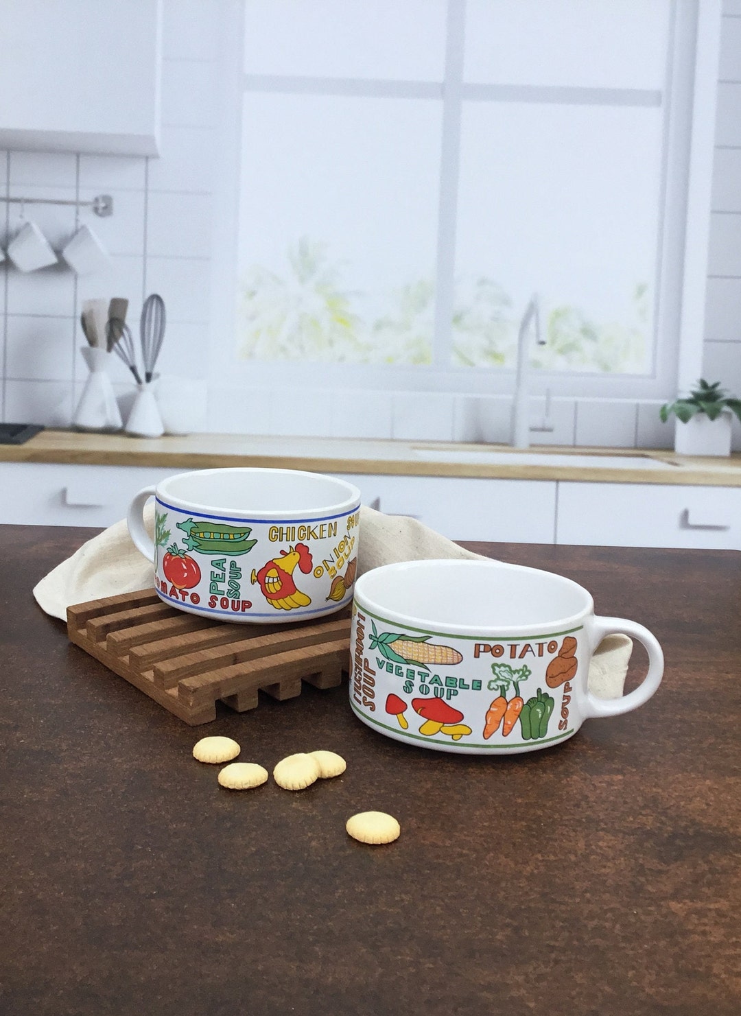 Set of 2 Vintage Ceramic Soup Mugs, 14 Fluid Ounce Capacity, Colorful ...