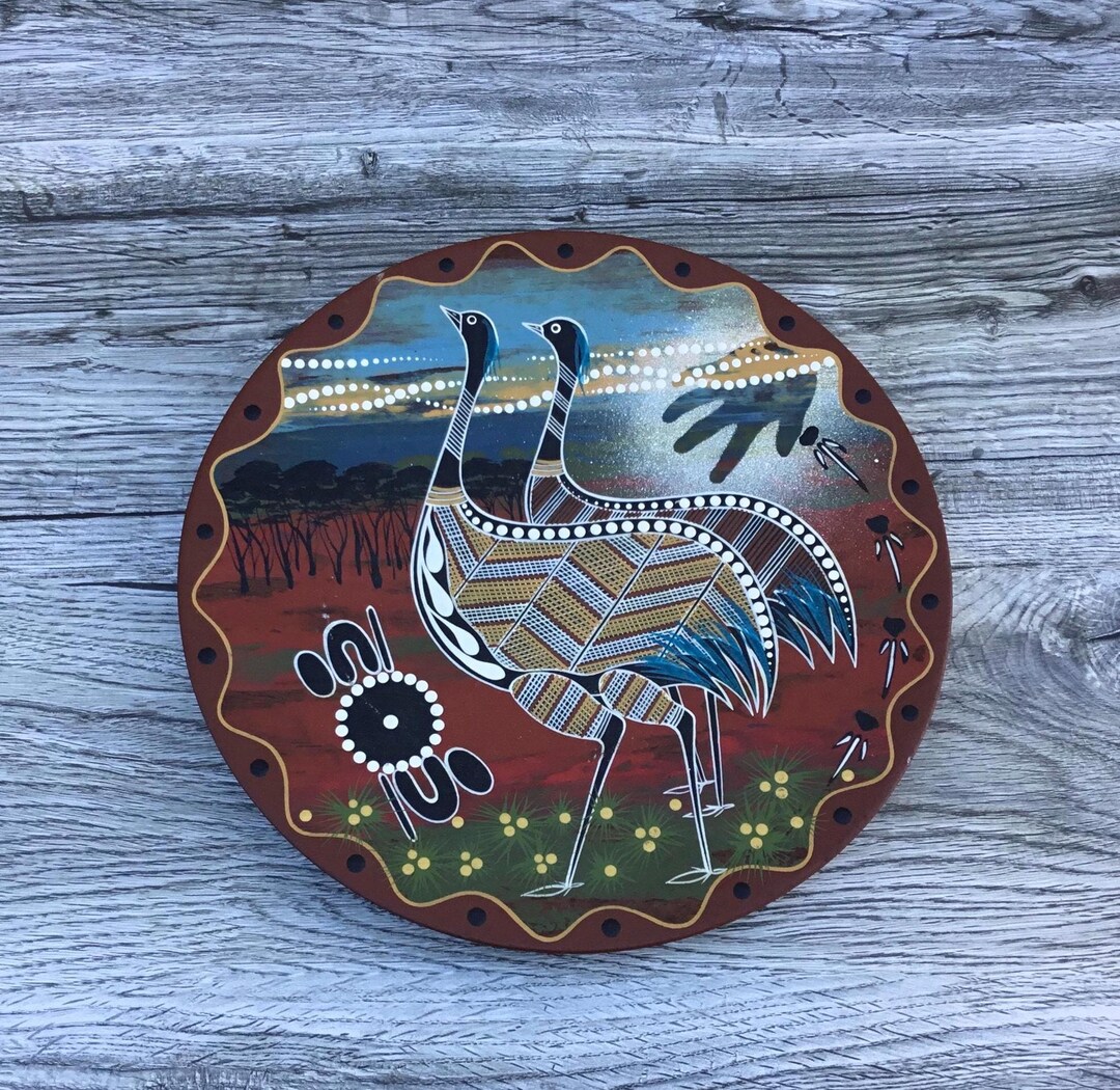 Australian Aboriginal Hand-painted Jarrah Timber Plate, Emu Hunt ...